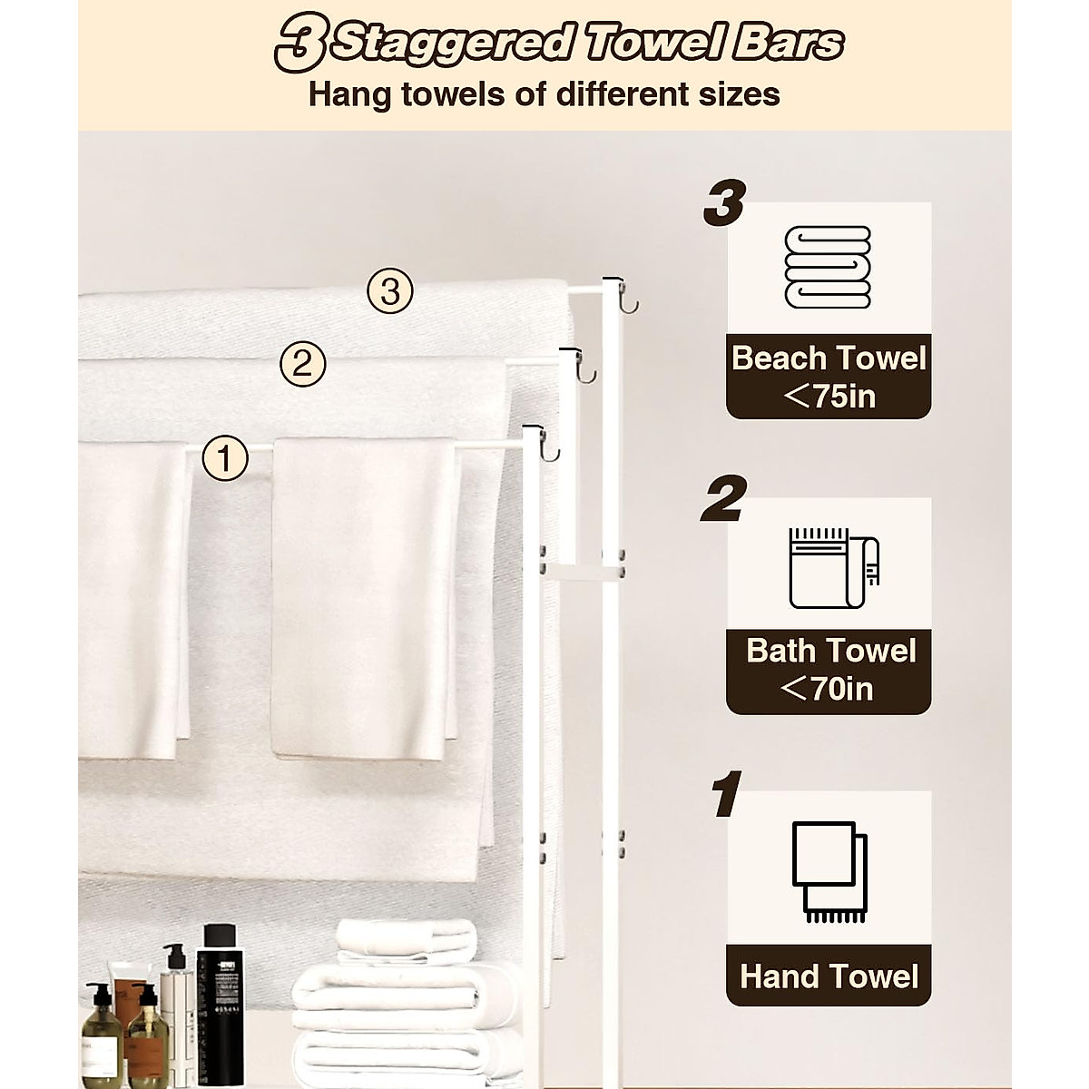 Mondazie 44” Tall Free Standing Towel Racks with 6 Hooks for Bathroom, 3 Tiers Oversized Pool Bath Towels Drying Stand, Metal Blanket Ladder Holder with Storage Shelf for Bedroom Living Room, White