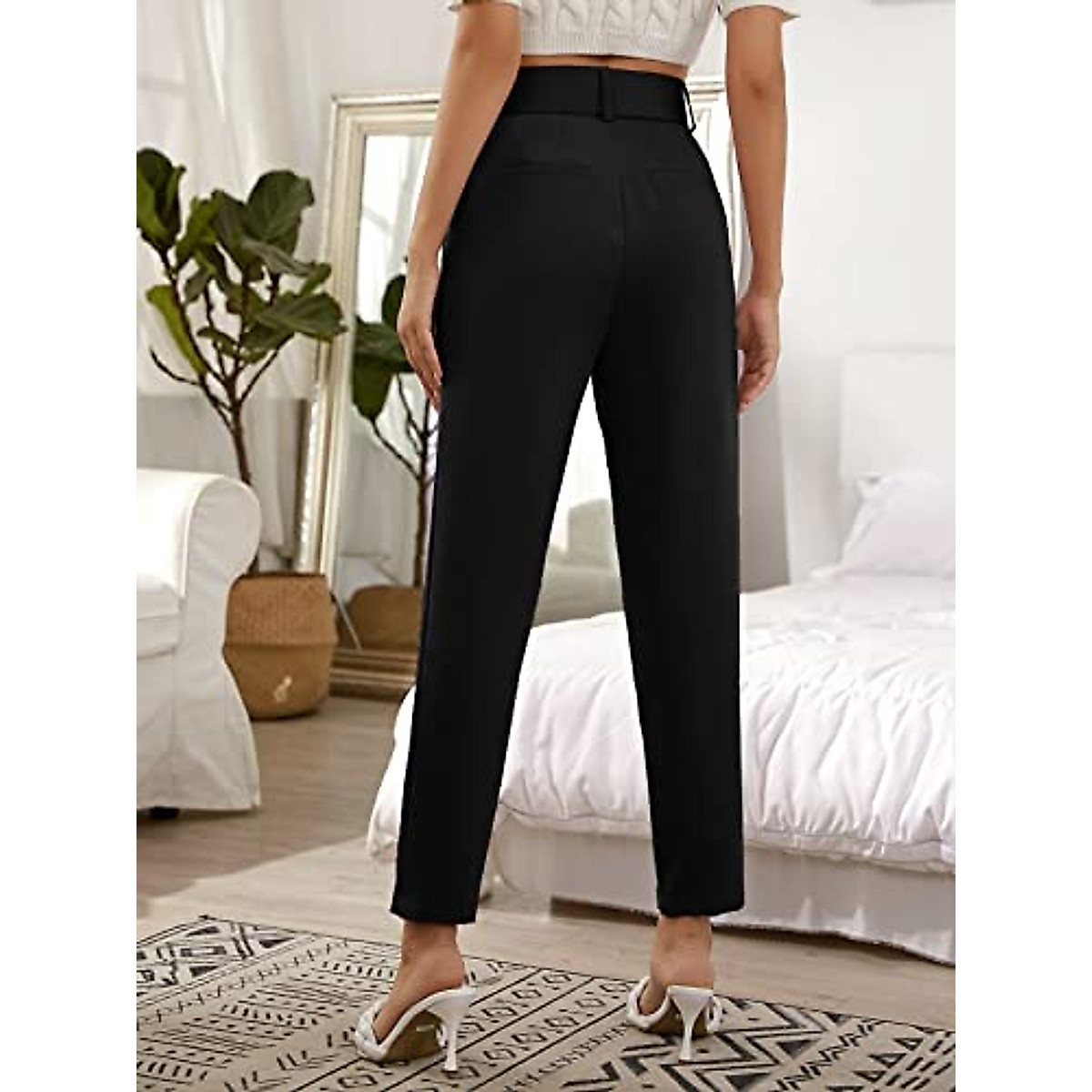 MakeMeChic Women's Casual High Waisted Belted Tapered Pants with Pockets Black M