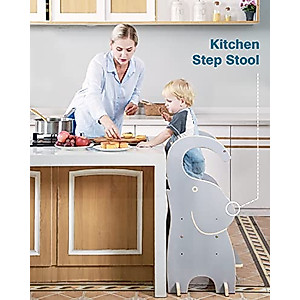 PP OPOUNT Toddler Kitchen Stool, 3-Level Adjustable Toddler Tower, Wood Step Stools for Kids with Safety Protective Net and Non-Slip Mat, Elephant Style, Solid Wood Gray