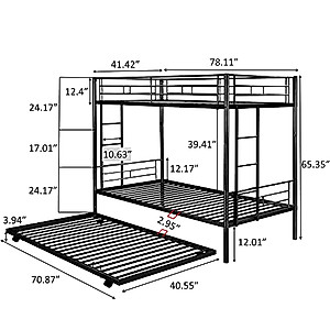 DaiNNCN Bunk Bed with Trundle Twin Over Twin,Can Be Divided Into 3 Bed Metal Heavy Duty - Black