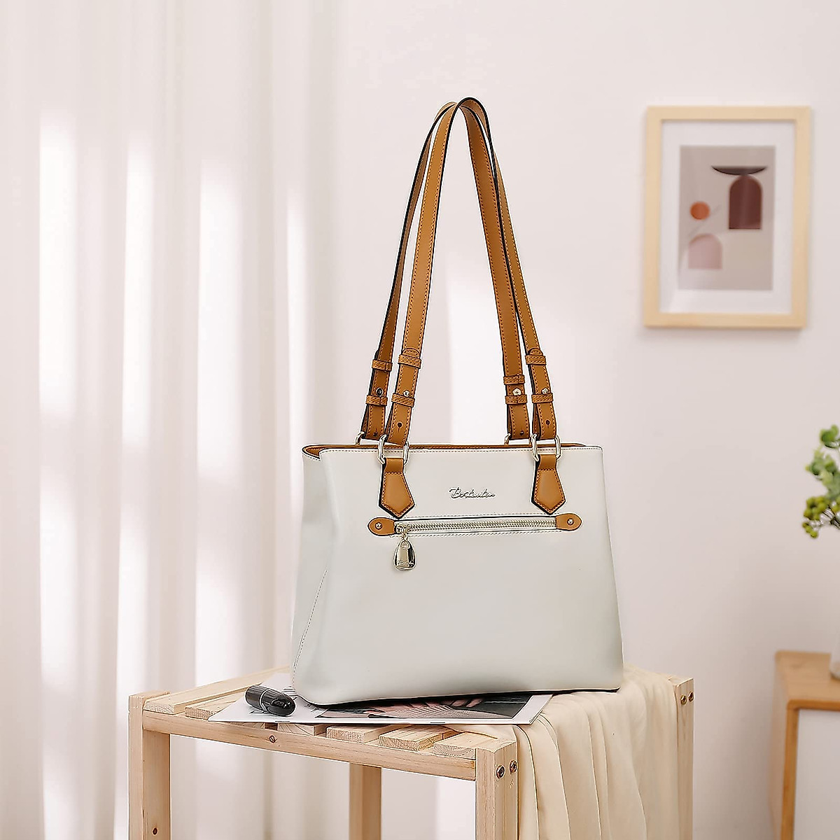 BOSTANTEN Women Handbag Genuine Leather Soft Designer Top Handle Purses Bundle with Women Leather Wallet RFID Blocking Small Bifold Wallet with ID Window