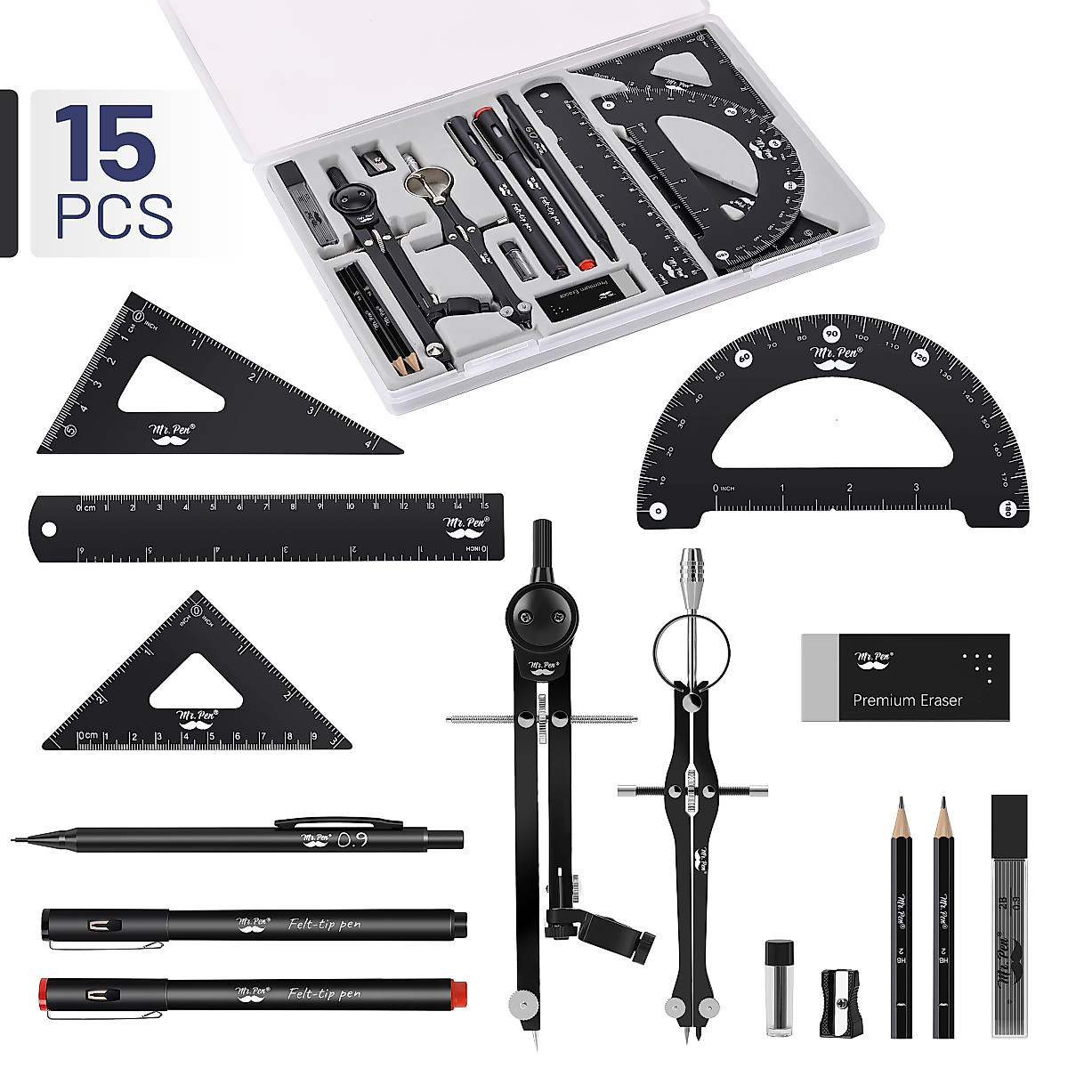 Mr. Pen- Professional Geometry Set, 15pcs, Black Geometry Kit for Artists and Students, Geometry Set, Metal Rulers and Compasses, Drawing Tools, Drafting Supplies, Drafting Set, Drafting Tools and Kit