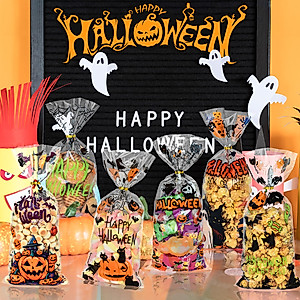 Twavang 150 Pcs Halloween Cellophane Treat Bags, Halloween Trick or Treat Goodie Bags with 170 Pcs Twists for Snacks Cookies Packing (10.8 x 4.9 inches)