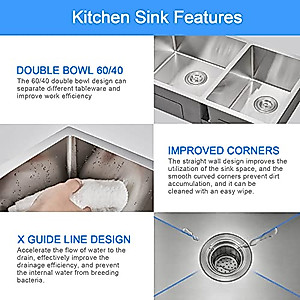 ROVOGO 33x19x9 in. Undermount 60/40 Double Bowl Kitchen Sink, Stainless Steel Sink Deep Handmade 2 Offset Basin with Basket Strainer, Brushed