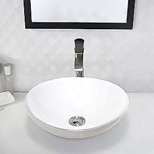 VOKIM Oval White Ceramic Vessel Sink and Faucet Combo -16" x 13" Modern Egg Shape Above Counter Bathroom Vanity Bowl,Brushed Nickel Faucet Matching Pop Up Drain Combo
