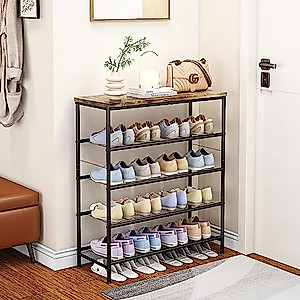 SUOERNUO Shoe Rack Organizer 5 Tier for Closet Entryway Free Standing Metal Storage Shoe Shelf with MDF Top Board，Black+Rustic Brown