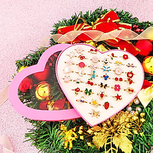 SUNMALL 36 pcs Adjustable Rings in Box, No Duplication, Children Kids Little Girl Pretend Play and Dress up Jewelry Set with Heart Shape Display Case, (A)