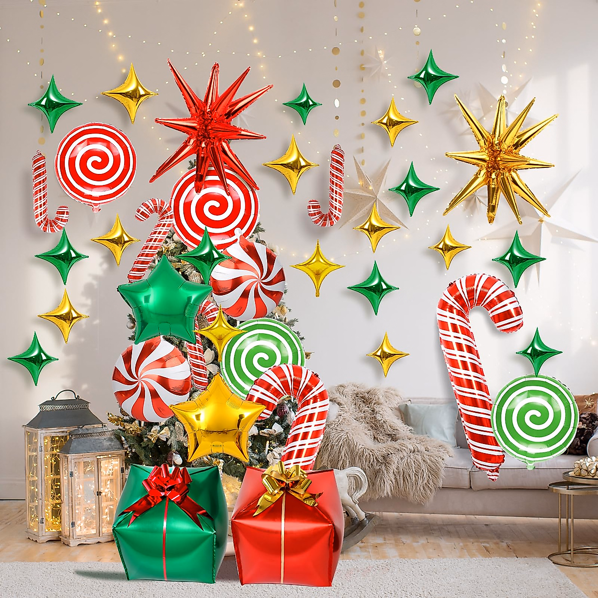 46Pcs Merry Christmas Balloons, Xmas Party Supplies Birthday Decorations, Christmas Candy Foil Balloons Garland Arch Kit, Cane Swirl Mylar Candies Balloons, Winter New Year Holiday Party