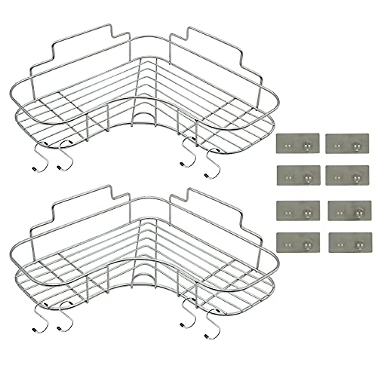 PanderHecop 2Pcs Stainless Steel Shower Caddys, 8 Anti-Rrust Stickers and Hooks Strong Load-Bearing for Right Angle Smooth Bathroom, Kitchen, Toilet (Silver)