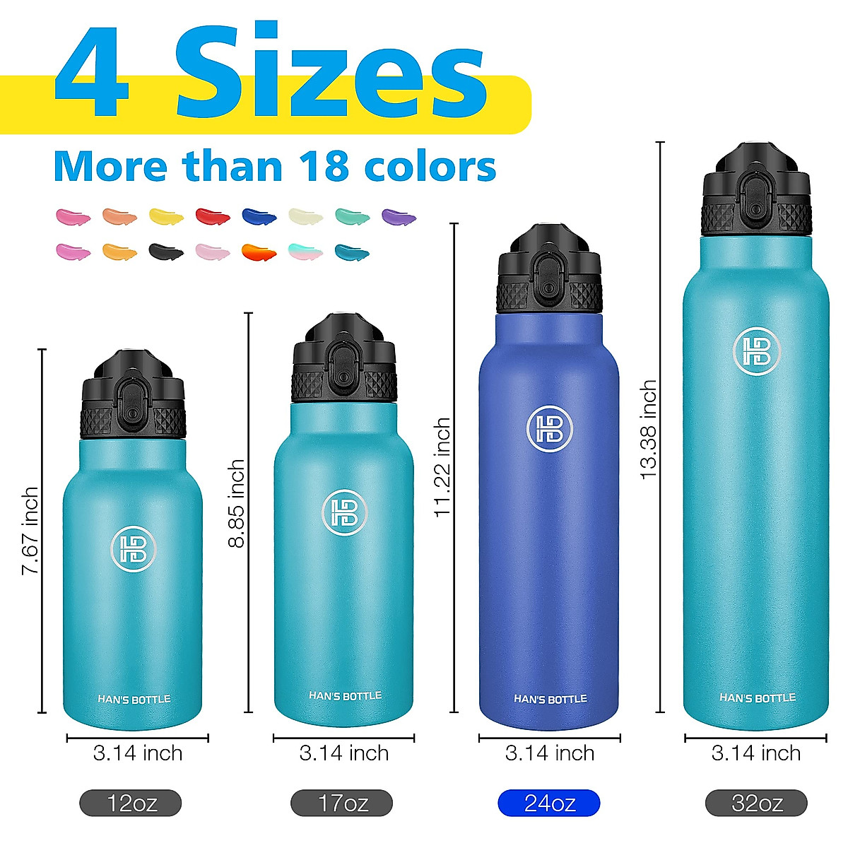 Han's Bottle Sports Water Bottle - 24 Oz, Straw Lid, Leak Proof, Vacuum Insulated Stainless Steel, Double Walled, Thermo Mug,Navy Blue