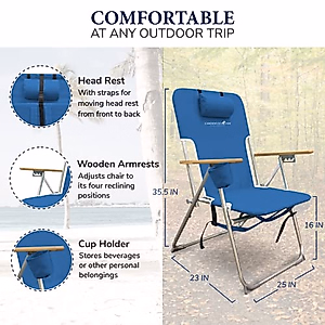 Caribbean Joe Folding Beach Chair, 4 Position Portable Backpack Foldable Camping Chair with Headrest, Cup Holder, and Wooden Armrests, Blue