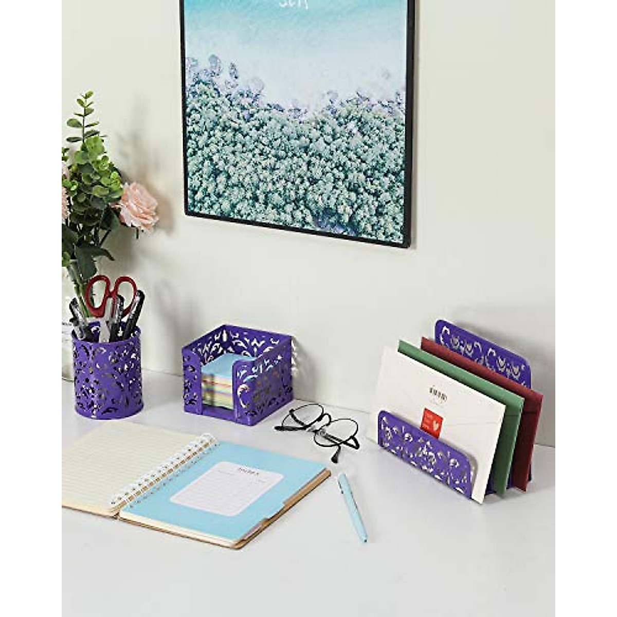 EasyPAG Cute Office Supplies 3 Piece Desk Organizer and Accessories Set - Letter Sorter, Pen Holder,Sticky Notes Holder,Purple