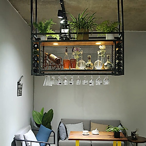 KEPMOGOH Ceiling Wine Glass Rack, Hanging Wine Rack with Glass Holder and Shelf, Metal Ceiling Shelf with Guardrails, Goblet Stemware Racks, Black Metal Ceiling Shelf for Bar Cafe Kitchen (100cm)