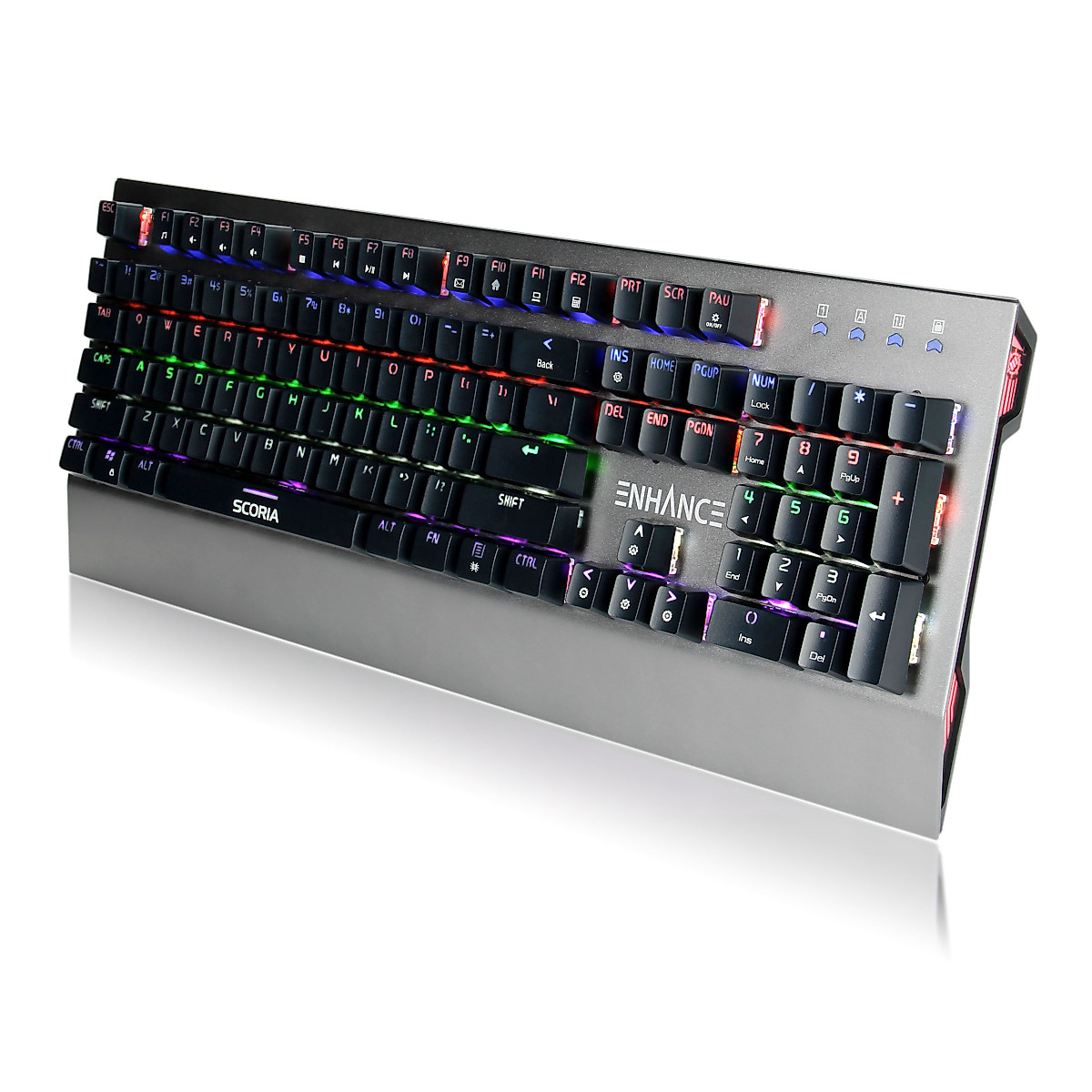 ENHANCE LED Mechanical Gaming Keyboard - Red Switches 104 Backlit Keys Pro Series FPS/MOBA Brushed Aluminum Metal - Anti Ghosting, N-Key Rollover, 10 Lighting Modes - Scoria Tournament Keyboard
