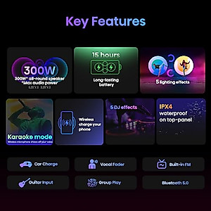 Hisense Ultimate Wireless Outdoor/Indoor Party Speaker with subwoofer, 2.0CH, 300W, IPX4 Waterproof,15 Hour Long-Lasting Battery, Bluetooth5.0, DJ and Karaoke Mode (HP100)