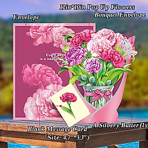 Airpark Pop Up Flower Cards, Beloved Carnation, 12inch Forever Flower Bouquet 3D Popup Greeting Cards with Note Card & Envelope for Birthday, Thank You Cards for Her Lover Friends