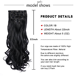 22 Inch Clip In Hair Extensions 7 PCS Long Wavy Synthetic Black Hair Extension & Natural Soft Invisible Clip Thick Hairpieces for Women Daily(20Inch, 7pcs, Black)