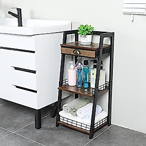 keomaisyto 3-Tier Bathroom Ladder Shelf, Bathroom Floor Storage Shelf with Drawer, Freestanding Tower Shelf, Open Shelving Unit for Bathroom Living Room Balcony