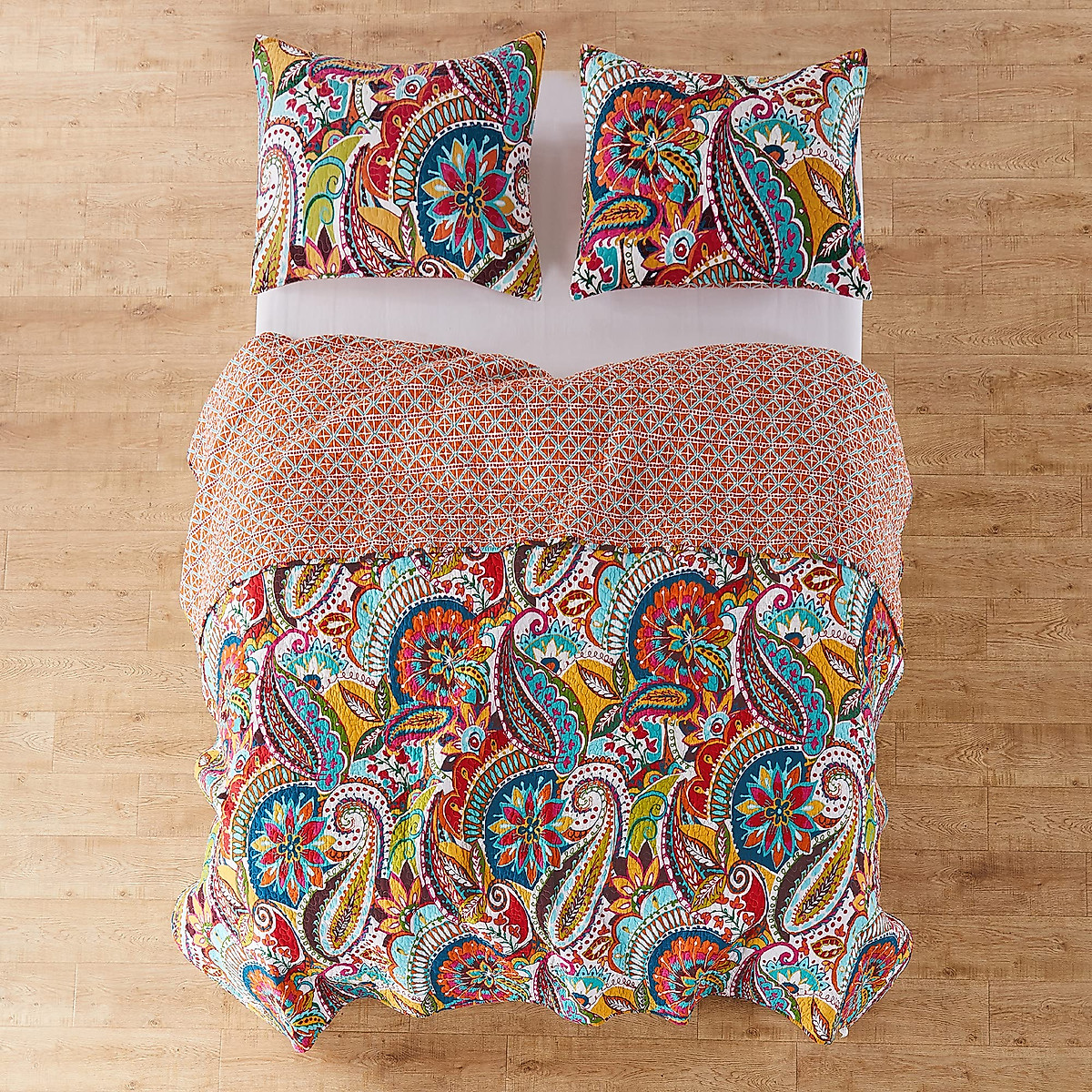 Levtex Home Rhapsody Quilt Set - King Quilt + Two King Pillow Shams - Paisley in Yellow Orange Red Green Blues - Quilt Size (106 x 92in.) and Pillow Sham Size (36 x 20in.)- Reversible Pattern - Cotton