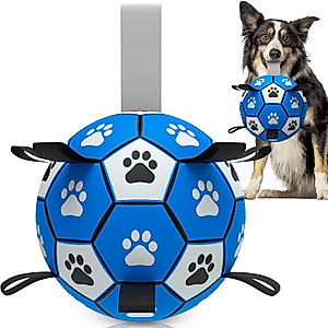 QDAN Dog Ropes Toys Soccer Ball with Straps, Interactive Dog Toys for Tug of War, Puppy Birthday Gifts, Dog Tug Toy, Dog Water Toy, Durable Dog Balls for Medium & Large Dogs-Blue&Grey（8 Inch）