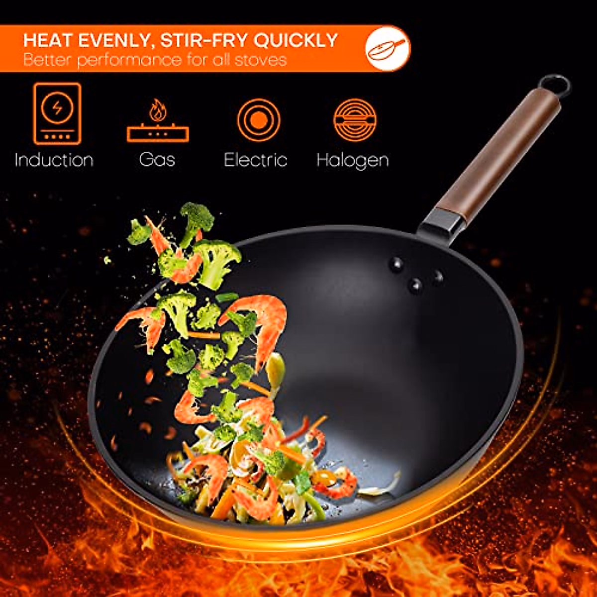 Eleulife Carbon Steel Wok, 13 Inch Wok Pan with Lid and Spatula, Nonstick Woks and Stir-fry Pans, No Chemical Coated Flat Bottom Chinese Wok for Induction, Gas, All Stoves