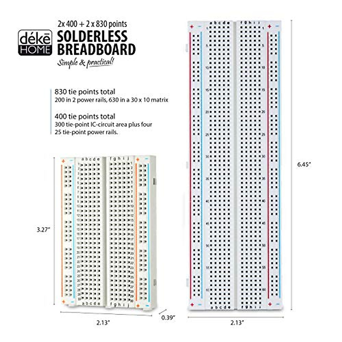 Deke Home 4 Solderless Breadboard Kit. 2x830- large +2x400-small. Arduino Bread board for Proto Shield electronic distribution circuit. Connecting mini blocks boards raspberry pi jumper wires circuits