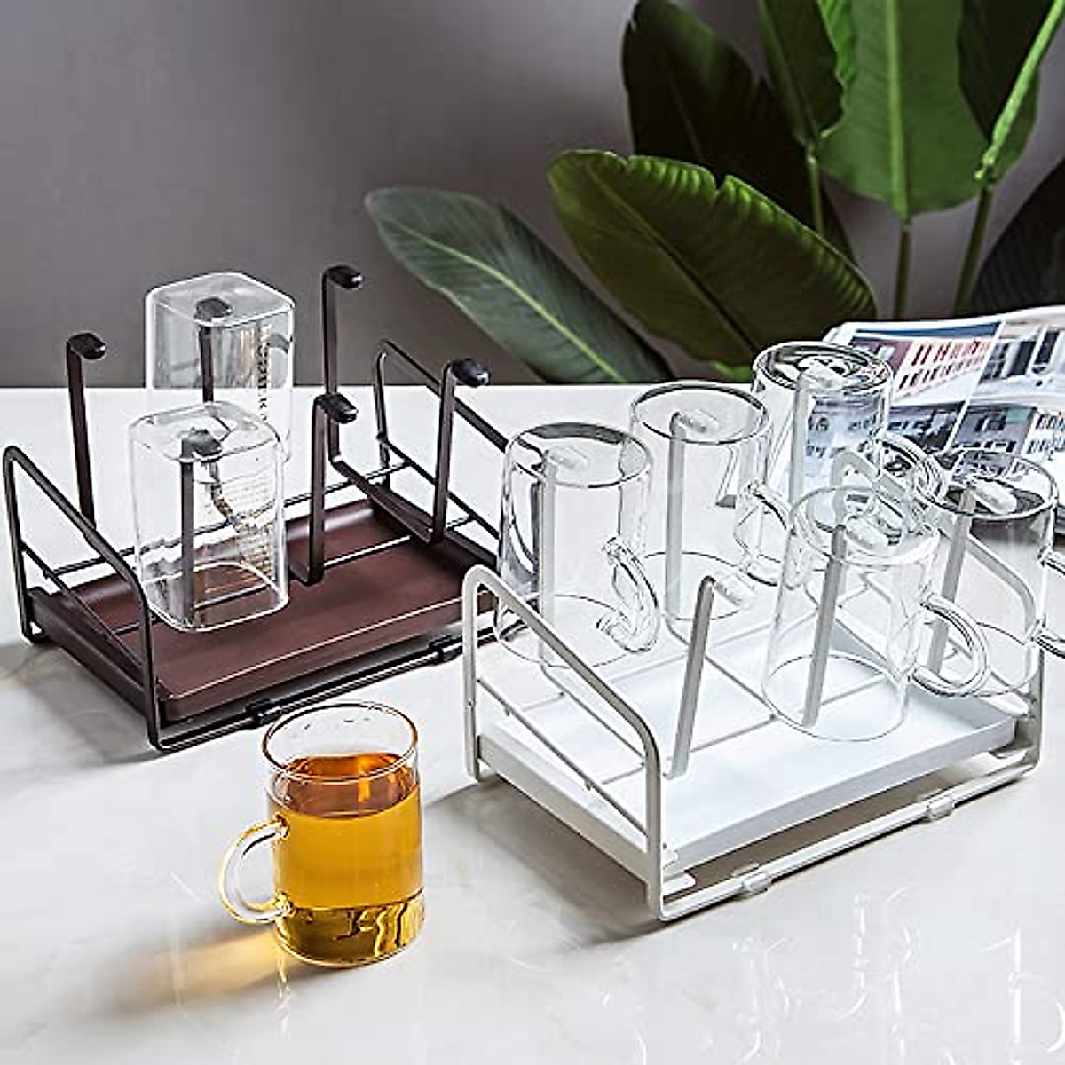 YEAVS Cup Drying Rack with Drain Tray, Bottle Drying Rack Stand with 6 Hooks, Mug Organizer (White)