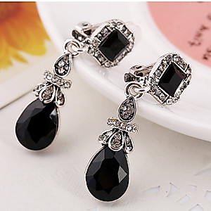 Bridal Vintage Earring Long Resin Rhinestone Clip on Earrings Without Piercing For Women (Black)