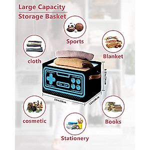 Video Game Cube Storage Organizer Bins with Handles,1PC Collapsible Canvas Cloth Fabric Storage Basket,Blue Gamer Kids Boys Gamepad Console Game Controller Kids' Toys Bin Boxes for Shelves