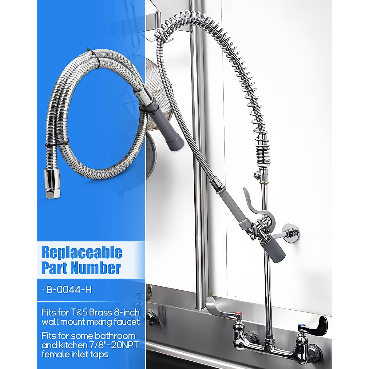 ULXIOM B-0044-H Pre-Rinse Hose Fit for T&S Brass Sprayer Faucet Parts, Commercial Kitchen Sink Spray Pipe, 44 Inch Flexible Stainless Steel