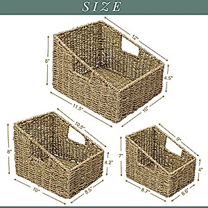 LOVSTORAGE Seagrass Wicker Storage Baskets, Hand-Woven Shelf Baskets with Handles, Nesting Wicker Basket Sets Woven Storage Baskets for Shelves, 3-Pack