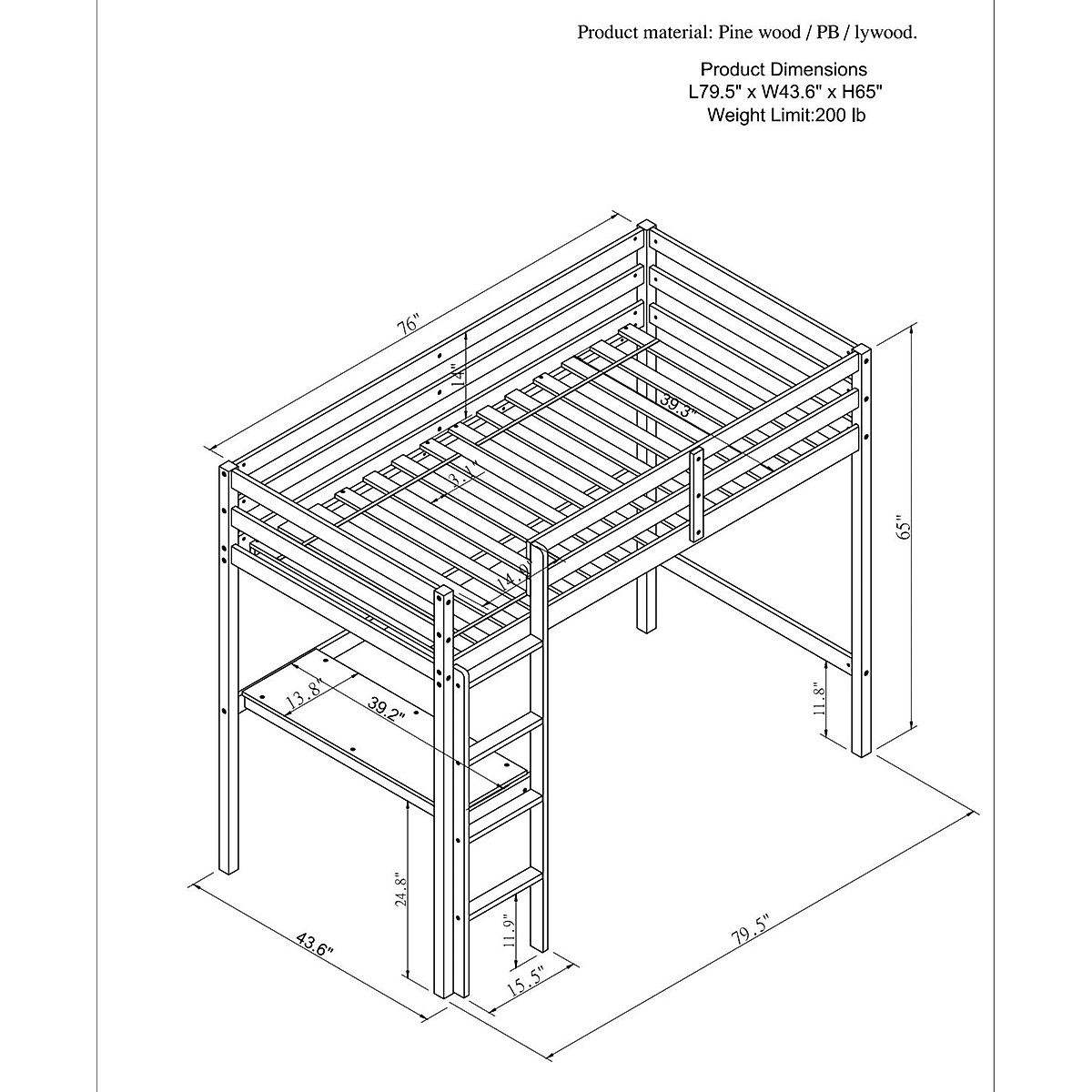 LiviNest Twin Loft Bed Frame - Wood Pine Bed Frames with Ladder Safety Rail and Desk - Loft Size Bed with Table for Kids Boys Girls White