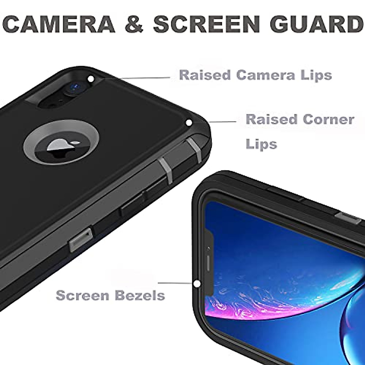for iPhone XR Case with 2 x Screen Protector, Heavy Duty Shockproof/Drop Proof/Dust Proof 3-Layer Military Protection Full Body Rugged Defender Durable Cover for Apple iPhone XR (Black & Gray)