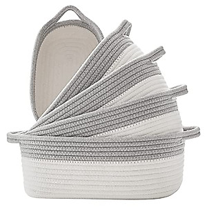 OIAHOMY Cotton Rope Storage Basket, Set of 5 Woven Baskets for Organizing with Handles, Decorative Basket for Baby Nursery, Dog Cat Toy Baskets - Grey & White