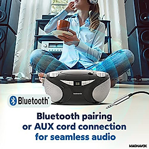 Magnavox MD6949-BK Portable Top Loading CD Boombox with AM/FM Stereo Radio and Bluetooth Wireless Technology in Black | CD-R/CD-RW Compatible | LED Display |