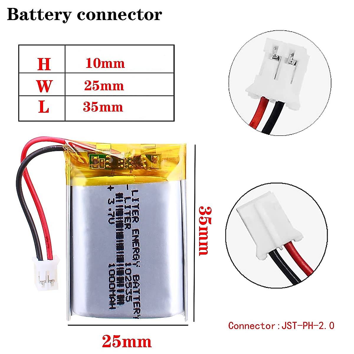 Liter energybattery 3.7V Lipo Battery 1000mAh Rechargeable Lithium ion Polymer Battery 102535 Lithium Polymer ion Battery with JST Connector