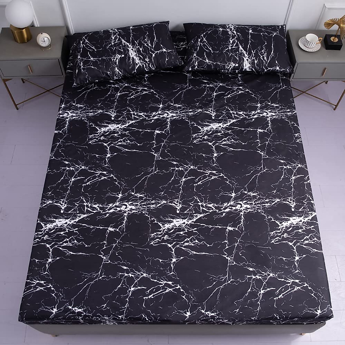 Megsv Waterproof Mattress Protector Cover Polyester Bed Cover Black Marble Pattern Fitted Sheet and Pillowcase (NO Pillow Inner) (Black, Twin)