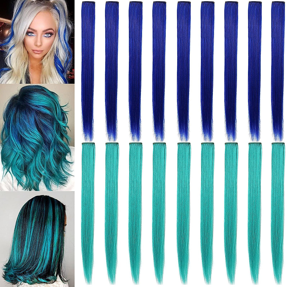 XIRANWEN 18pcs 21Inch Colored Hair Extensions Clip in/on Wig Pieces for Girls, Hairpieces Heat-Resistant Straight Party Highlight Multicolors Accessories Halloween Christmas Gift (Sapphire blue+Teal)
