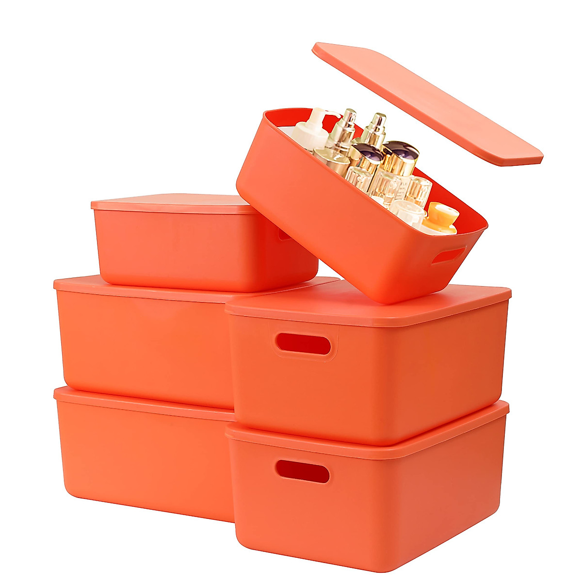 Yishyfier Plastic Storage Baskets With Lid Organizing Container Lidded Knit Storage Organizer Bins for Shelves Drawers Desktop Closet Playroom Classroom Office (4M+2S, Orange)