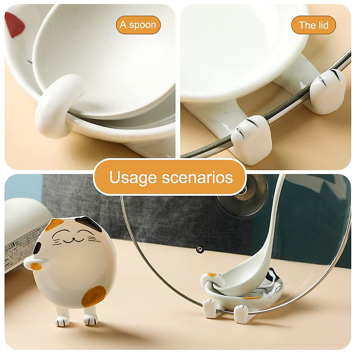 Cat Spoon Rest, Ceramic Cute Spoon Holder Rest for Stove Top, Cat Kitchen Accessories, Stove Holder Utensil Spoon Rest for Kitchen Counter (Yellow)