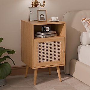 Xilingol Modern Rattan Nightstand, Boho Side Table with Handmade Rattan Decorated Door, Wood Bedside Table with Open Storage Shelf for Bedroom,Natural (no Charging Station, 1)