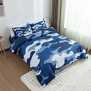 Holawakaka Twin Size Camouflage Bedding Comforter Set with Sheets, Boys Girls Men Camo Bed in A Bag 5 Pieces, Kids Teens Dorm Bed Sets Neutral Farmhouse Lodge Cabin Army Bedspread (Blue, Twin)