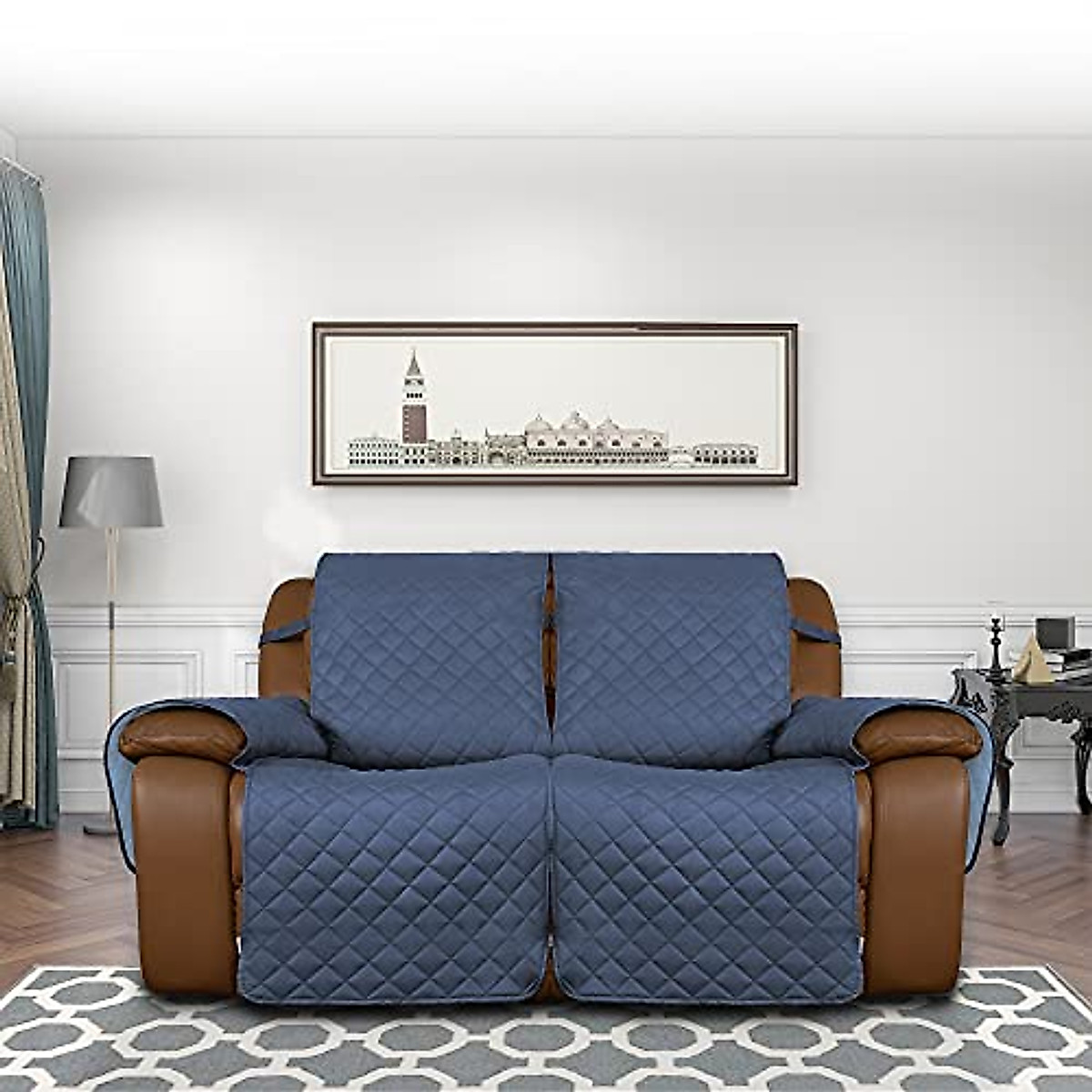 Easy-Going Recliner Sofa Cover, Reversible Couch Cover for Double Recliner, Split Sofa Cover for Each Seat, Furniture Protector with Elastic Strap for Kids, Dogs, Pets(2 Seater, Dark Blue/Light Blue)