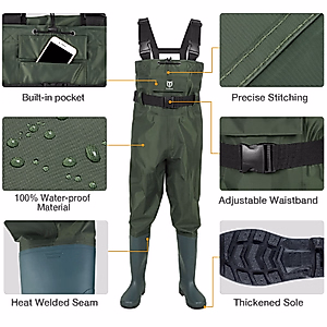 TIDEWE Bootfoot Chest Wader, 2-Ply Nylon/PVC Waterproof Fishing & Hunting Waders with Boot Hanger for Men and Women Green Size 6
