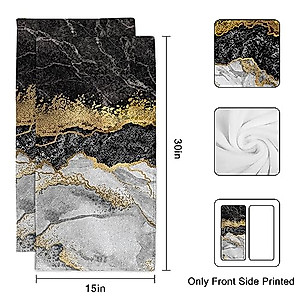 Fuliko Hand Towels for Bathroom, Soft Absorbent Black Gold Marble Towel Set 30x15, Washcloths Face Towels Perfect for Daily Use Home Kitchen Bathroom Decor (Black Gold Marble)