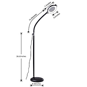 FHHKAAD 3 in 1 Magnifying Floor Lamp with Adjustable LED Bright Light，Flexibility Magnifier Lamp 5X for Reading，Crafts & Hobbies - 12W -Black