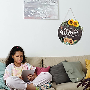 DZH Enjoy Sunflower Welcome Sign Front Door Wreaths Rustic Round Wood Farmhouse Wreath for Home Decor Bedroom Yard Garden Indoor Outdoor Wall Décor