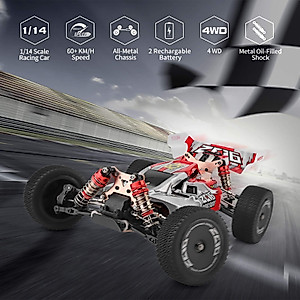 Remote Control Car,60+ KMH 1:14 Scale WLtoys 144001 Fast RC Cars for Adults Kids,4WD Off Road Buggy Racing Car with 2 Batteries Gifts for Boys (Red)