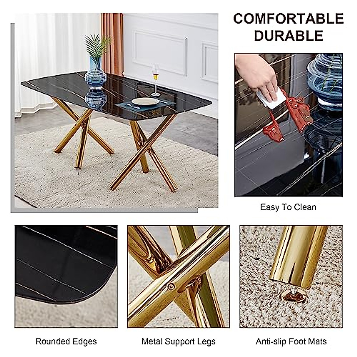 71’’ Modern Glass Dining Table for 8, Large Rectangular Dining Room Table with Golden Metal Legs, Minimalist Kitchen Table for Restaurant, Meeting Room, Imitation Marble Black Desktop