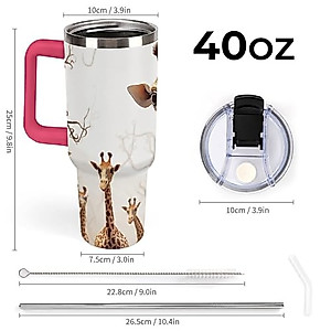 40 Oz Vacuum Tumbler with Light Rose Red Handle Leakproof Insulated Tumbler Cute Cartoon Funny Giraffes Stainless Steel Travel Mug with Lid And Straw Coffee Cup Cute Water Bottles Cup Holder Friendly